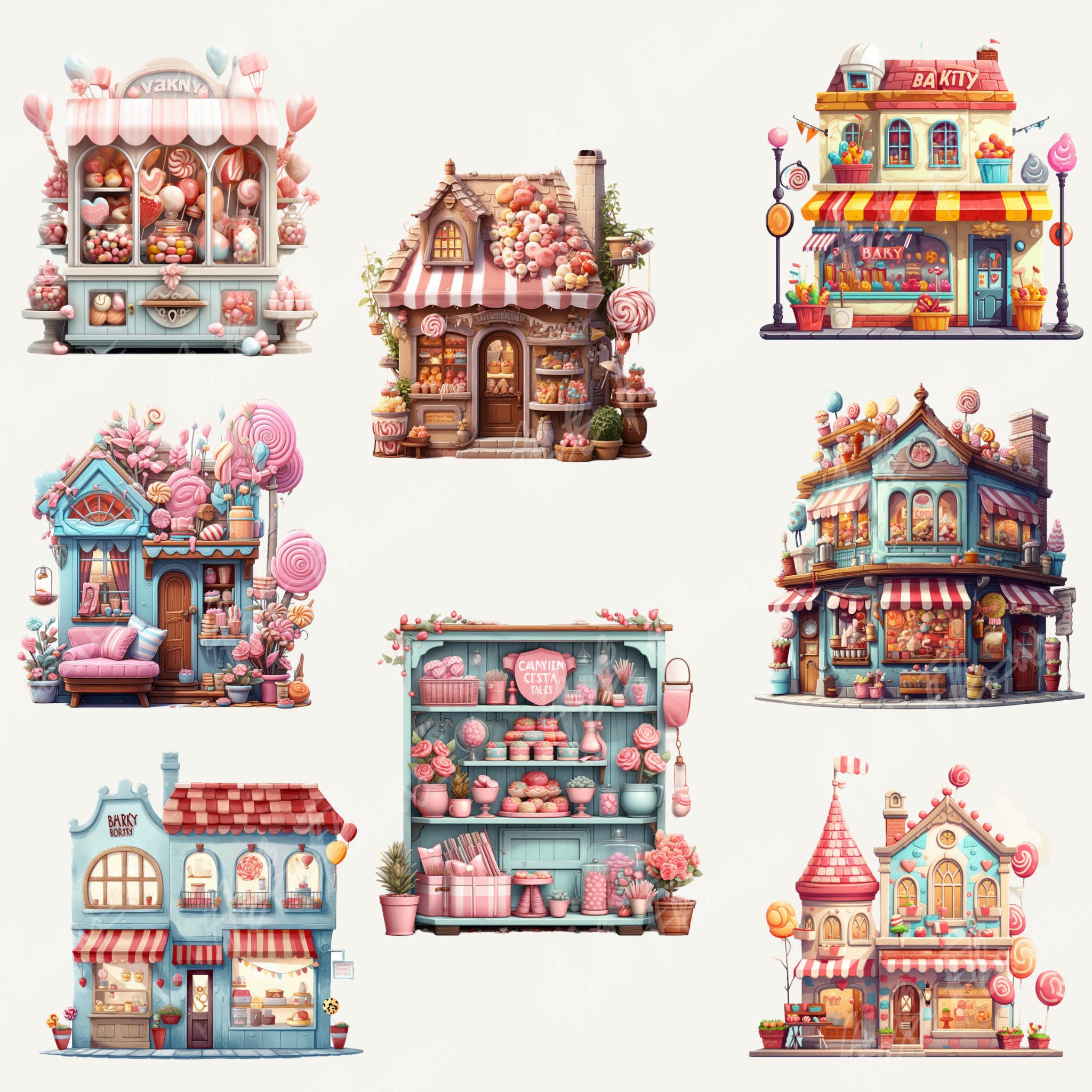 Watercolor Candy Shop Clipart Bundle, City of Sweets, Candy Store ...