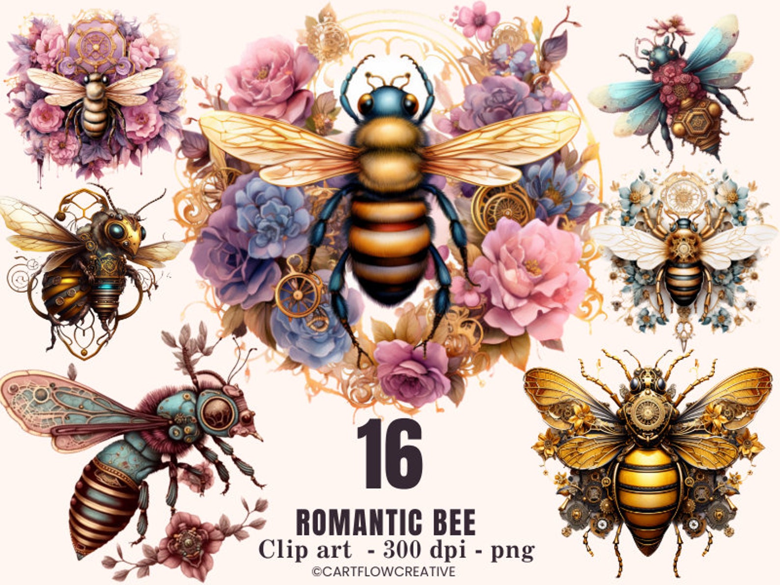 Watercolor Bee Clipart, Bumble Bee Clipart, Floral Bee Watercolor Clip ...