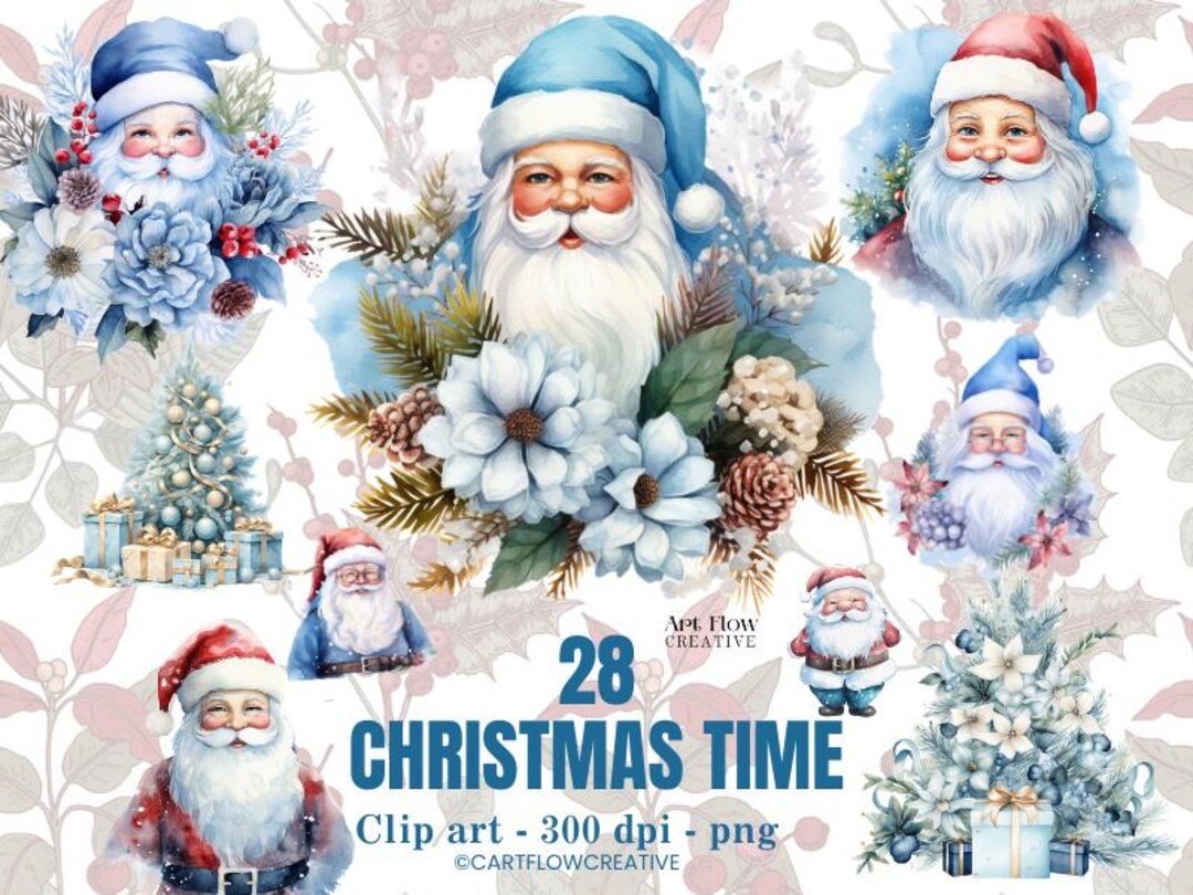 Blue Christmas Blooms Clipart Png Set Festive Santa Graphics and Winter ...