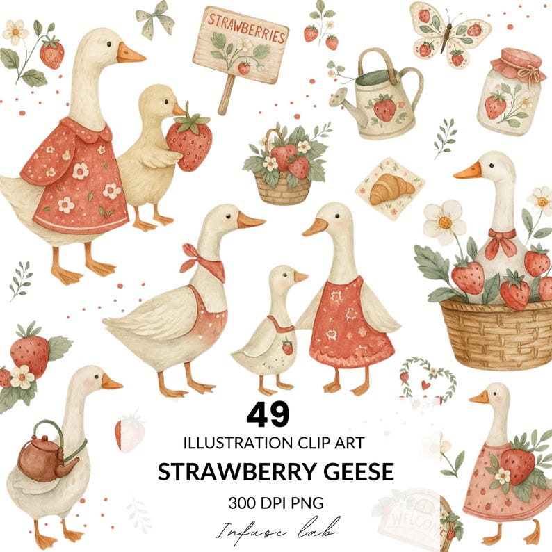 Strawberry Geese Clipart PNG, Cute Goose Graphics Transparent, Spring ...