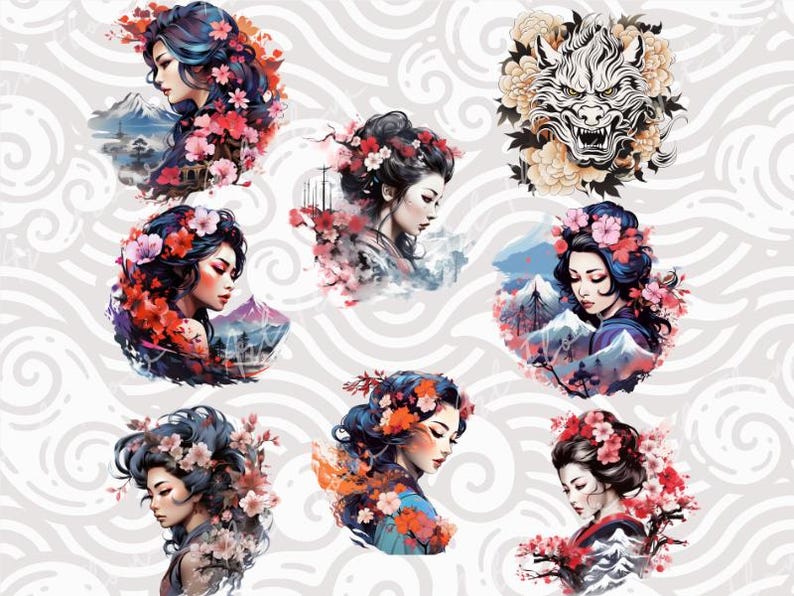 Japanese Samurai Culture Clipart Set - Tattoo Designs - Geisha Clipart ...