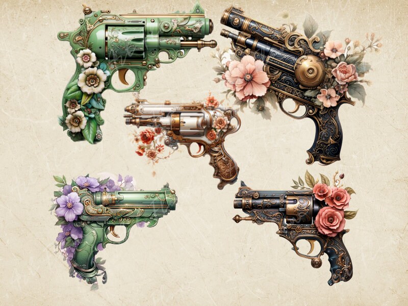 Vintage Guns Clipart, Steampunk Guns, Illustrations of Pistols ...