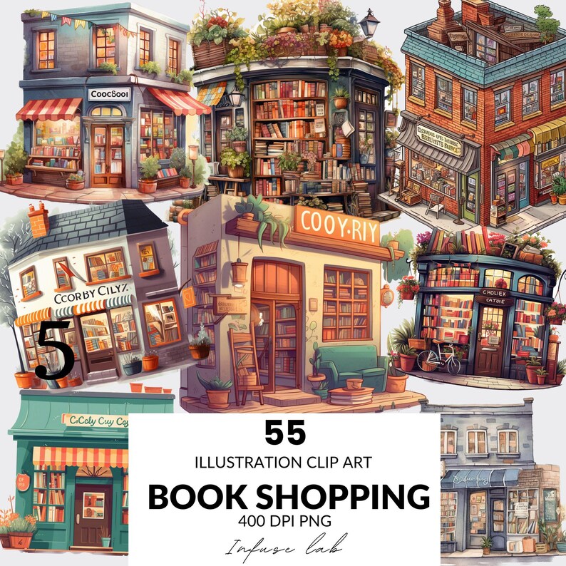 Watercolor Bookstore Clipart, Book Shop, Shop Illustration, Cute ...