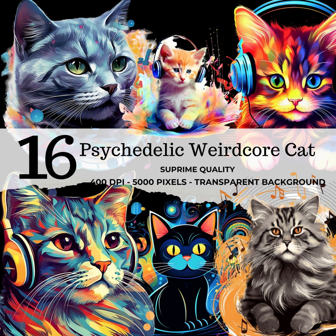 Colorful Cat Clipart Bundle, Psychedelic Weirdcore Cat, T-shirt Cat ...