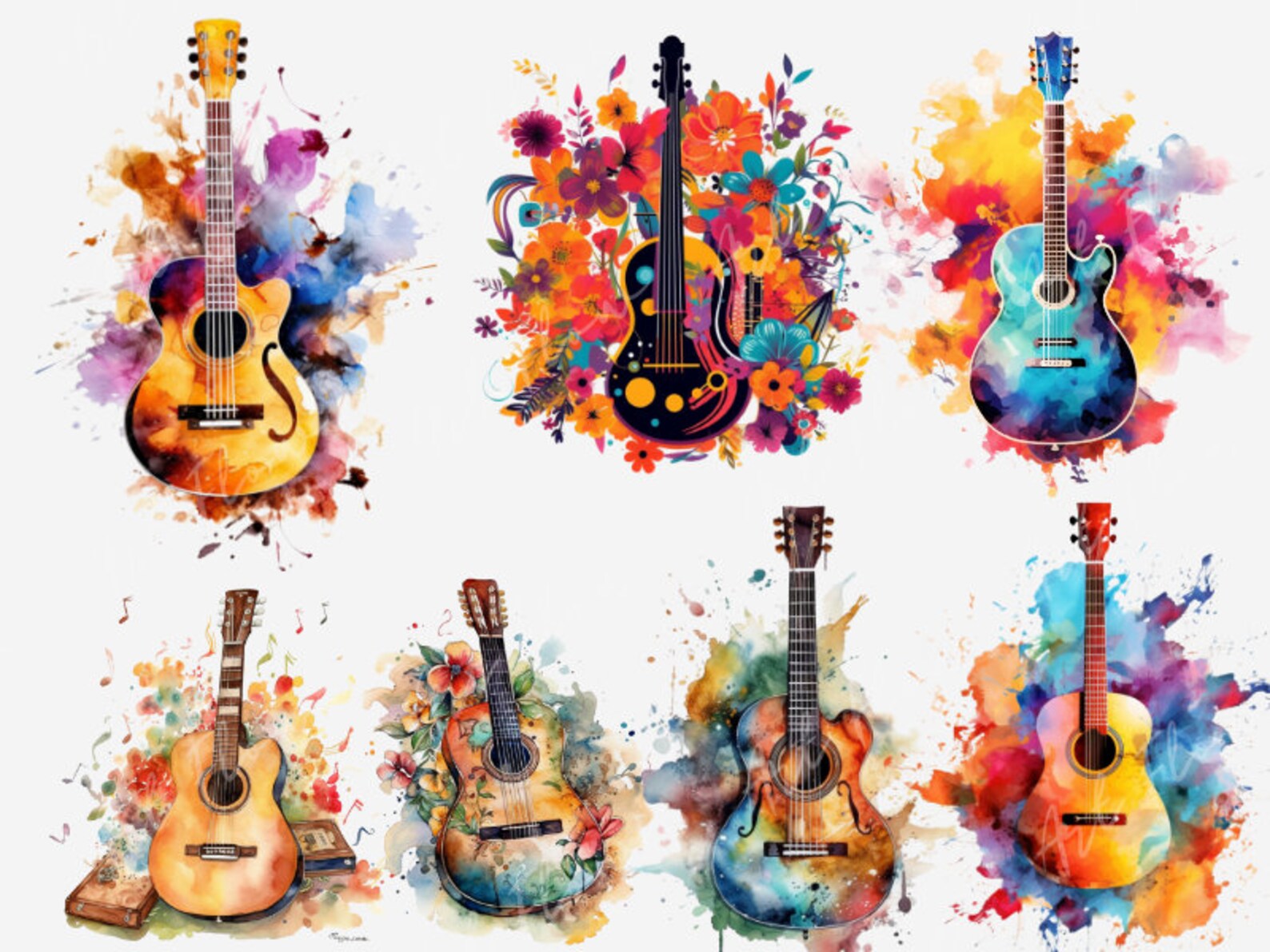 Watercolor Guitar Clipart Bundle, Musical Instruments, Electronic ...