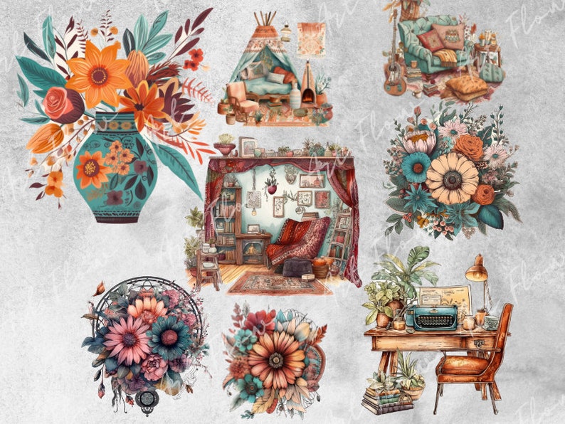 Watercolor Boho, Cozy House PNG Clipart, Boho Clipart, Rustic Cozy ...