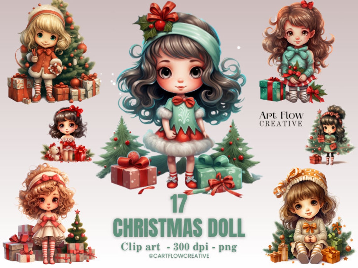 Christmas Dolls Clipart, Holiday Doll PNG, Festive Clip Art for Digital ...