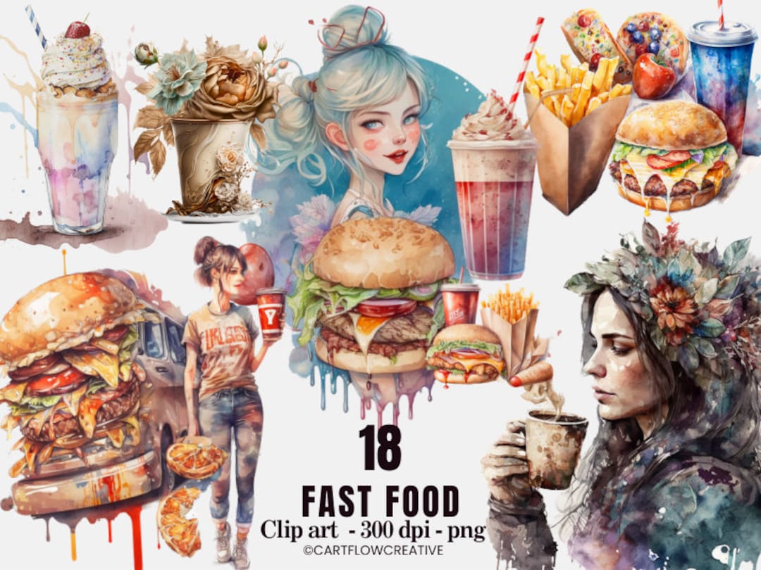 Watercolor Fast Food Clipart, Street Food Clipart, Snack Stickers ...