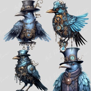 Steampunk Birds Clipart Bundle, Steampunk Crow, Birds Flowers, Colorful ...