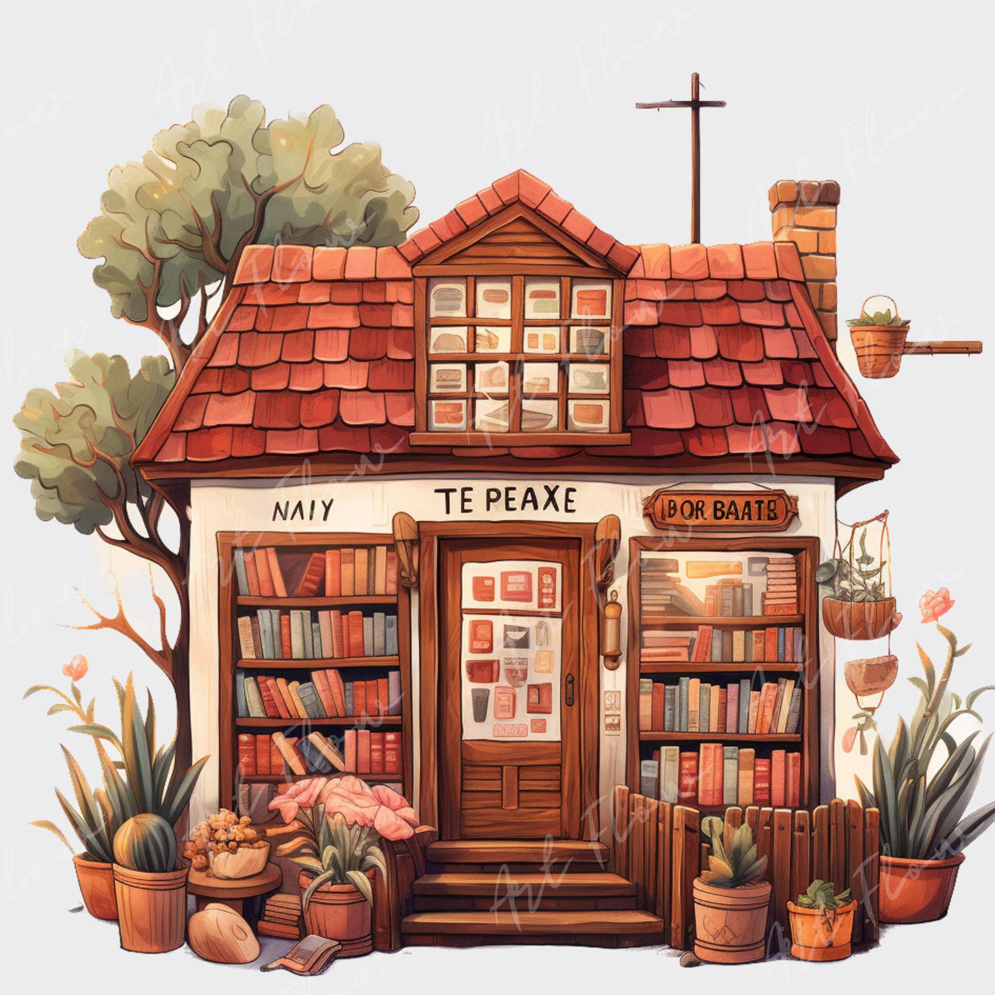 Watercolor Bookstore Clipart, Book Shop, Shop Illustration, Cute ...