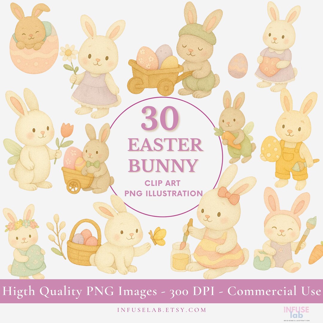Vintage Easter Bunny Clipart, Cute Retro Spring Clip Art, Watercolor ...