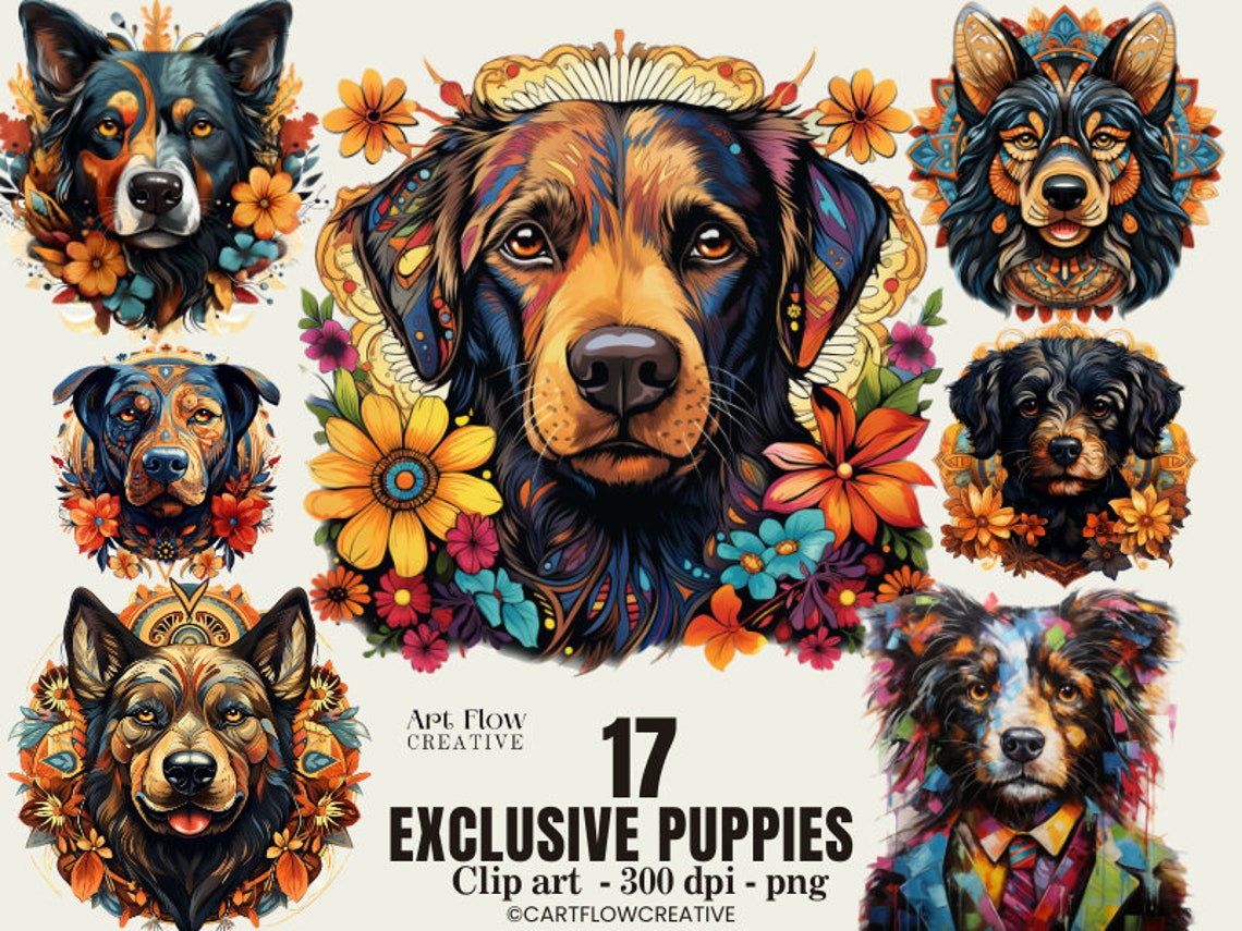 17 Colorful Dogs T-shirt Design Clipart, Dog Breeds Clipart, Cute Dogs ...