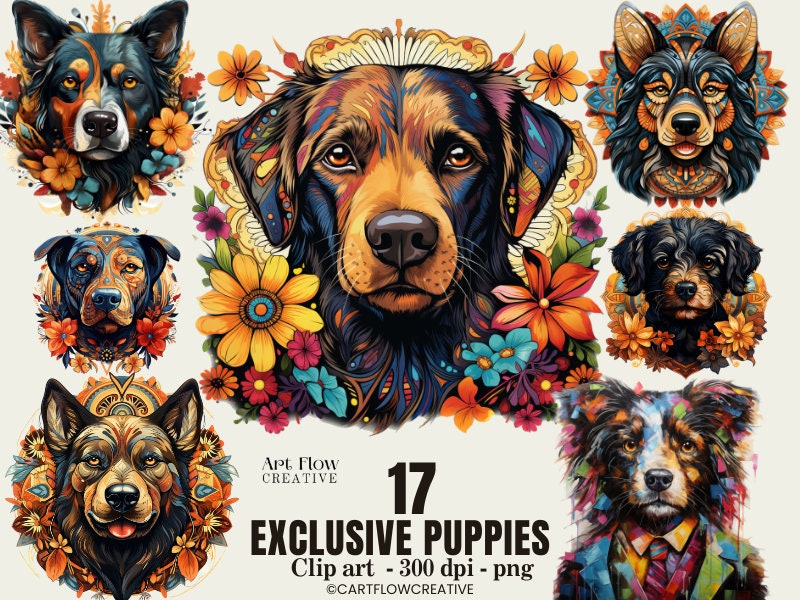 17 Colorful Dogs T-shirt Design Clipart, Dog Breeds Clipart, Cute Dogs ...