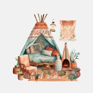 Watercolor Boho, Cozy House PNG Clipart, Boho Clipart, Rustic Cozy ...