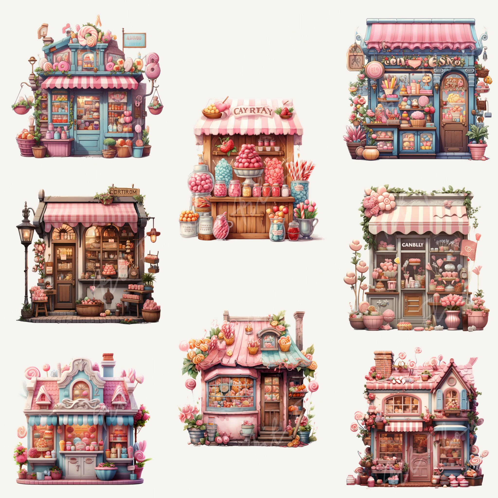 Watercolor Candy Shop Clipart Bundle, City of Sweets, Candy Store ...