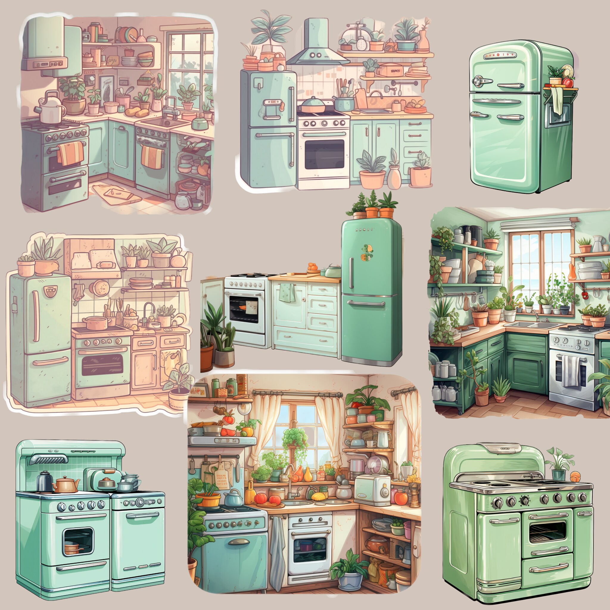 Watercolor Kitchen Clip Art Bundle, Pink Cottage Kitchen, Pastel ...