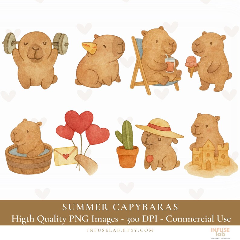 Capybara Summer PNG Clip Art, Watercolor Animal, Kawaii Funny Capybaras ...