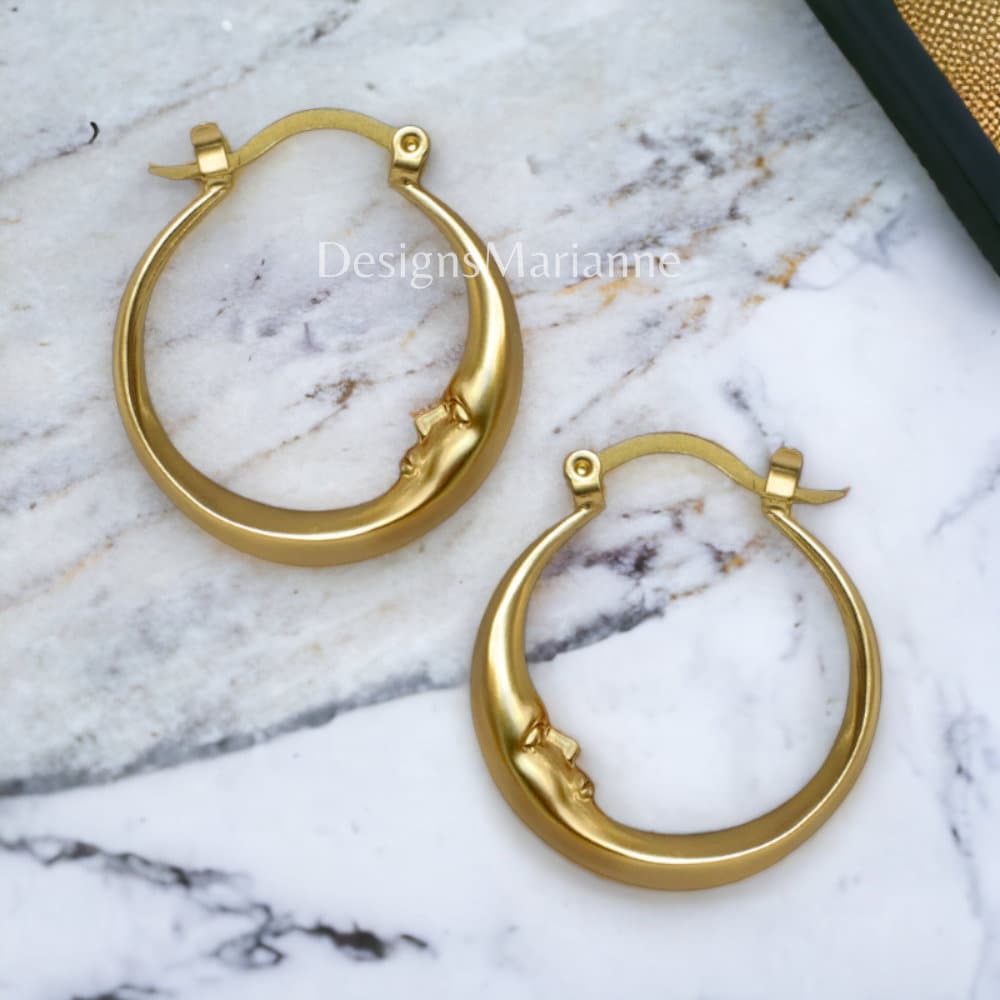 Gold Earring Moon Face Hoops, Moon Earrings for Women, Moon Hoop ...