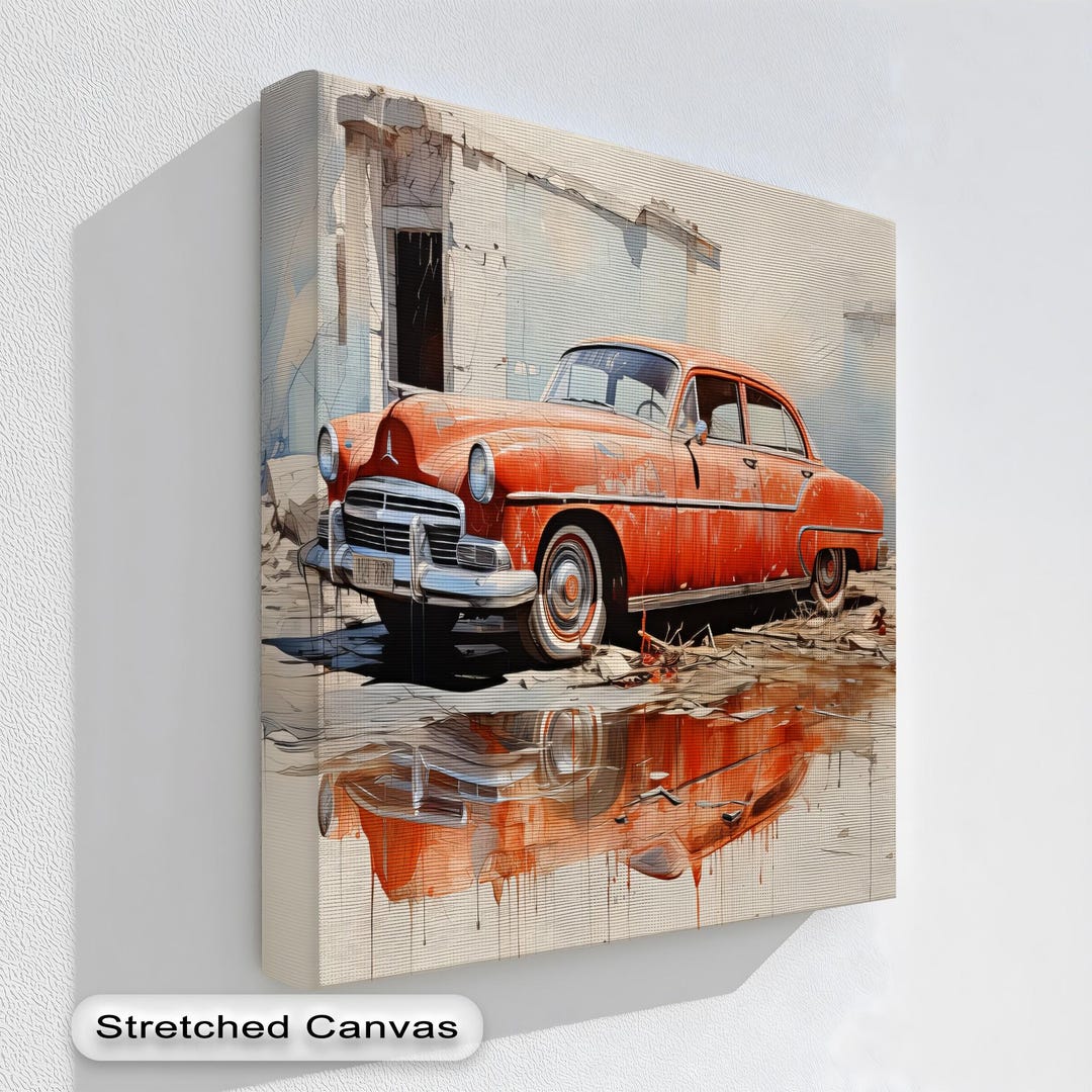 Rusty Red Car Wall Art – Abandoned Building Scene With Reflection ...