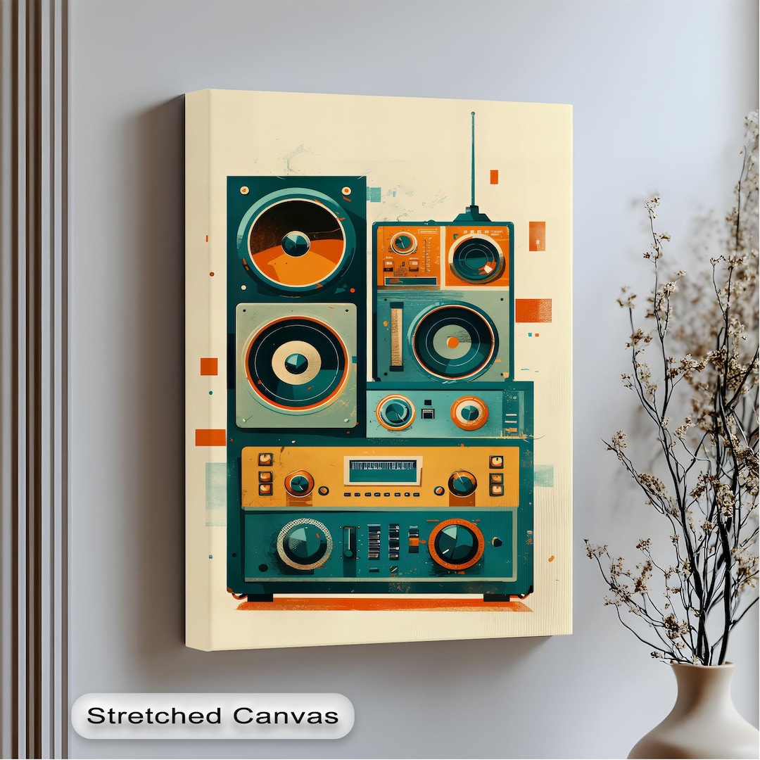 Retro Stereo System Canvas Art: Colorful Music Room Decor, Black ...