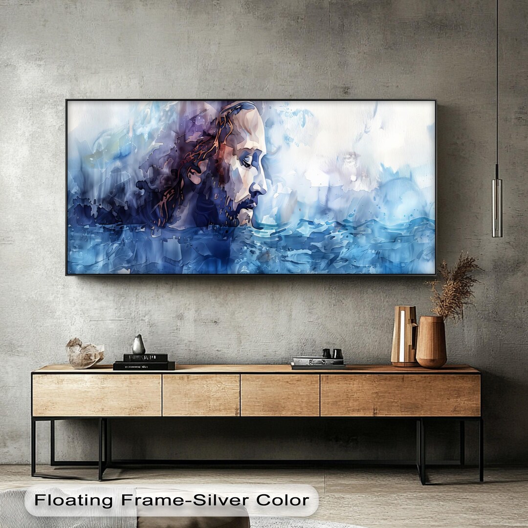 Jesus in Deep Blue Water, Panoramic Christian Glass Wall Art, Abstract ...