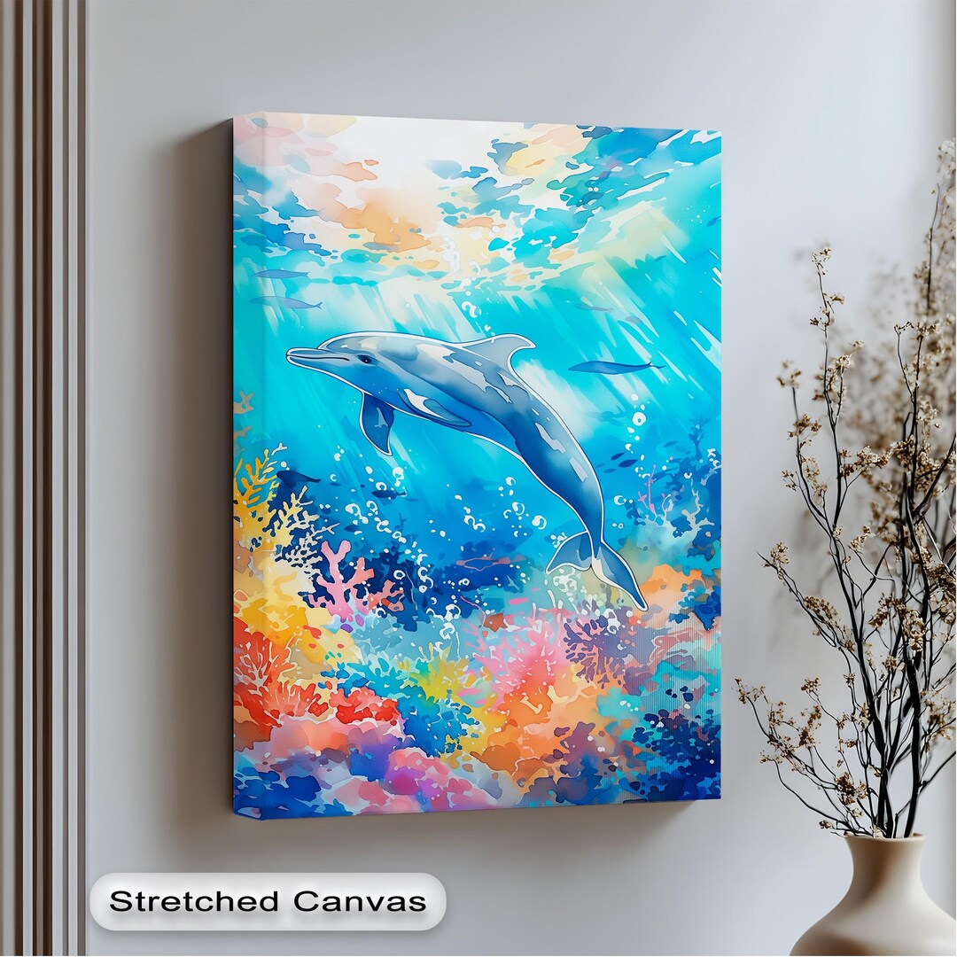 Dolphin Canvas Wall Art: Vibrant Underwater Ocean Scene for Kids - Etsy