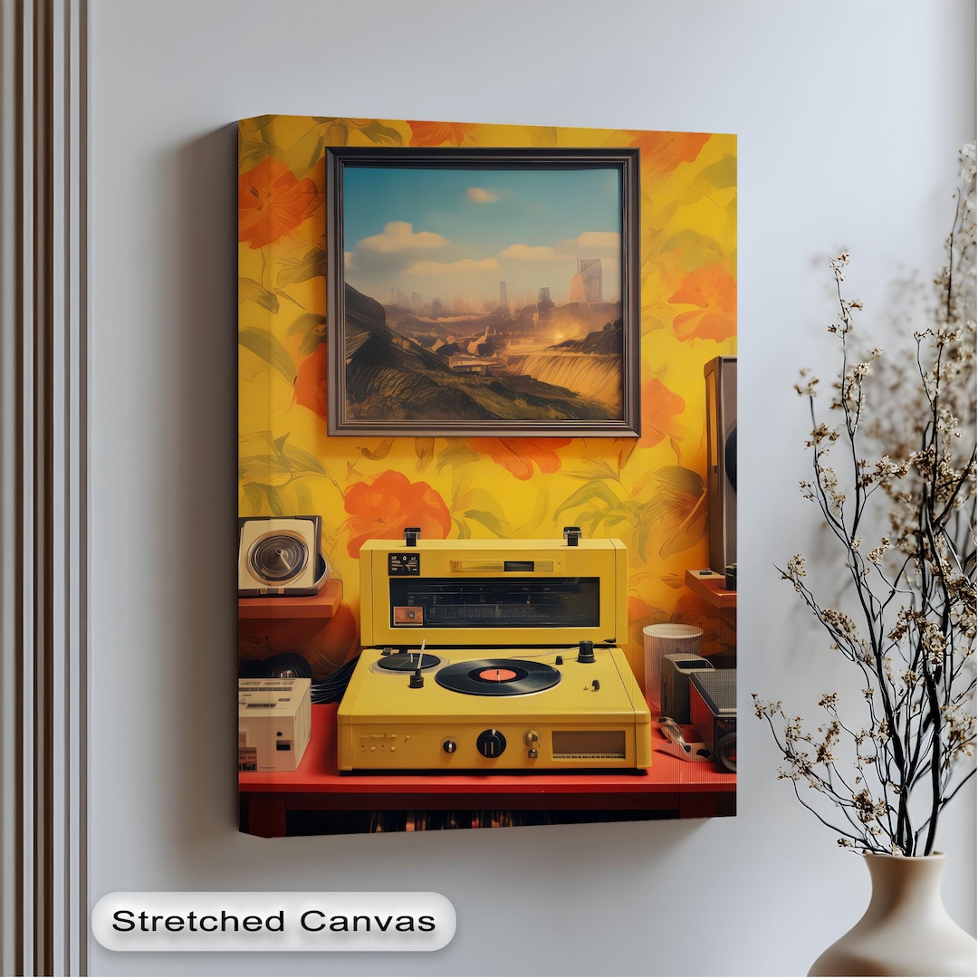 Retro Turntable Wall Art, Yellow Record Player on Floral Wall With ...