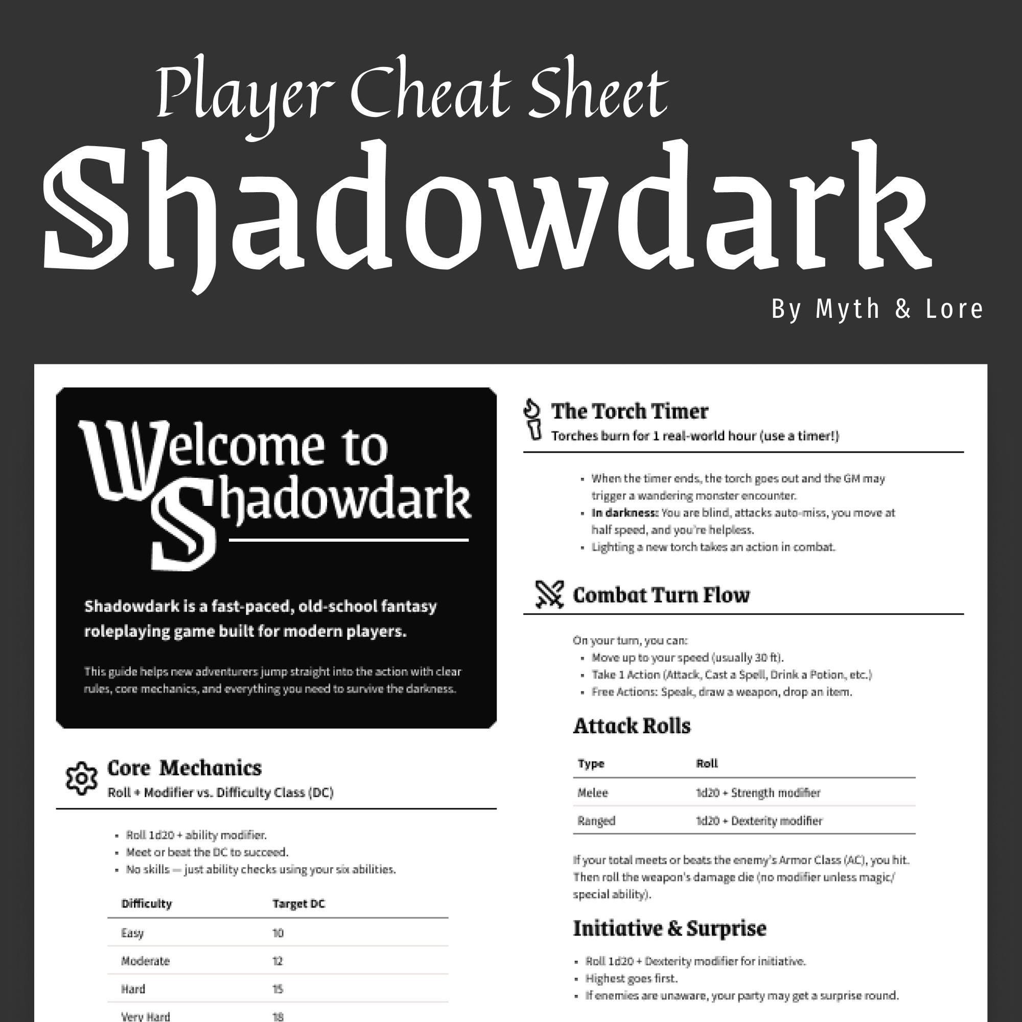 Shadowdark Cheat Sheet | Printable One-page Player Reference ...