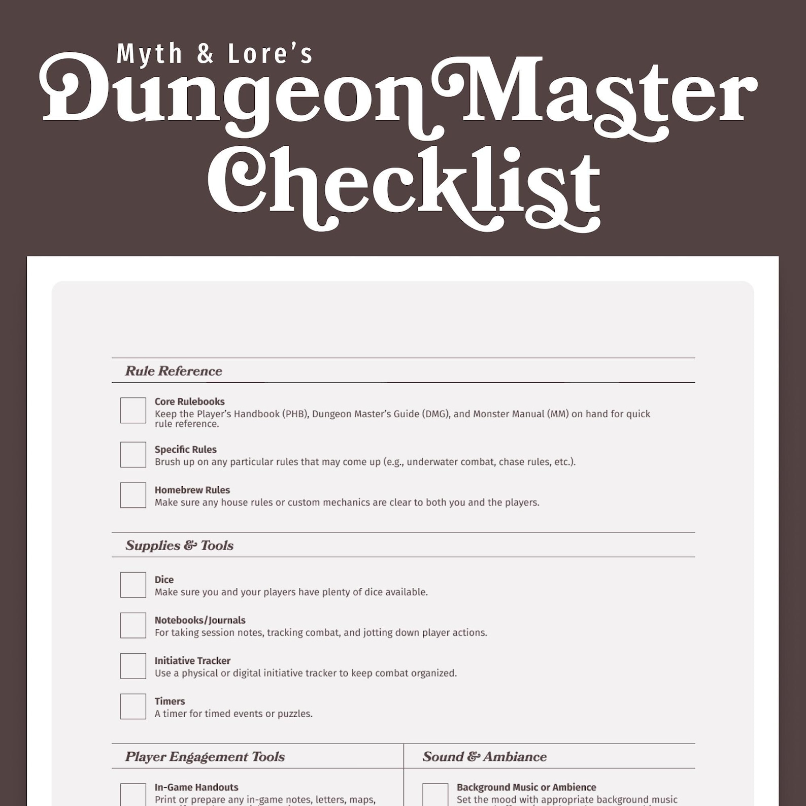 Myth & Lore’s Aesthetic Dungeon Master Checklist - Print and Digital ...