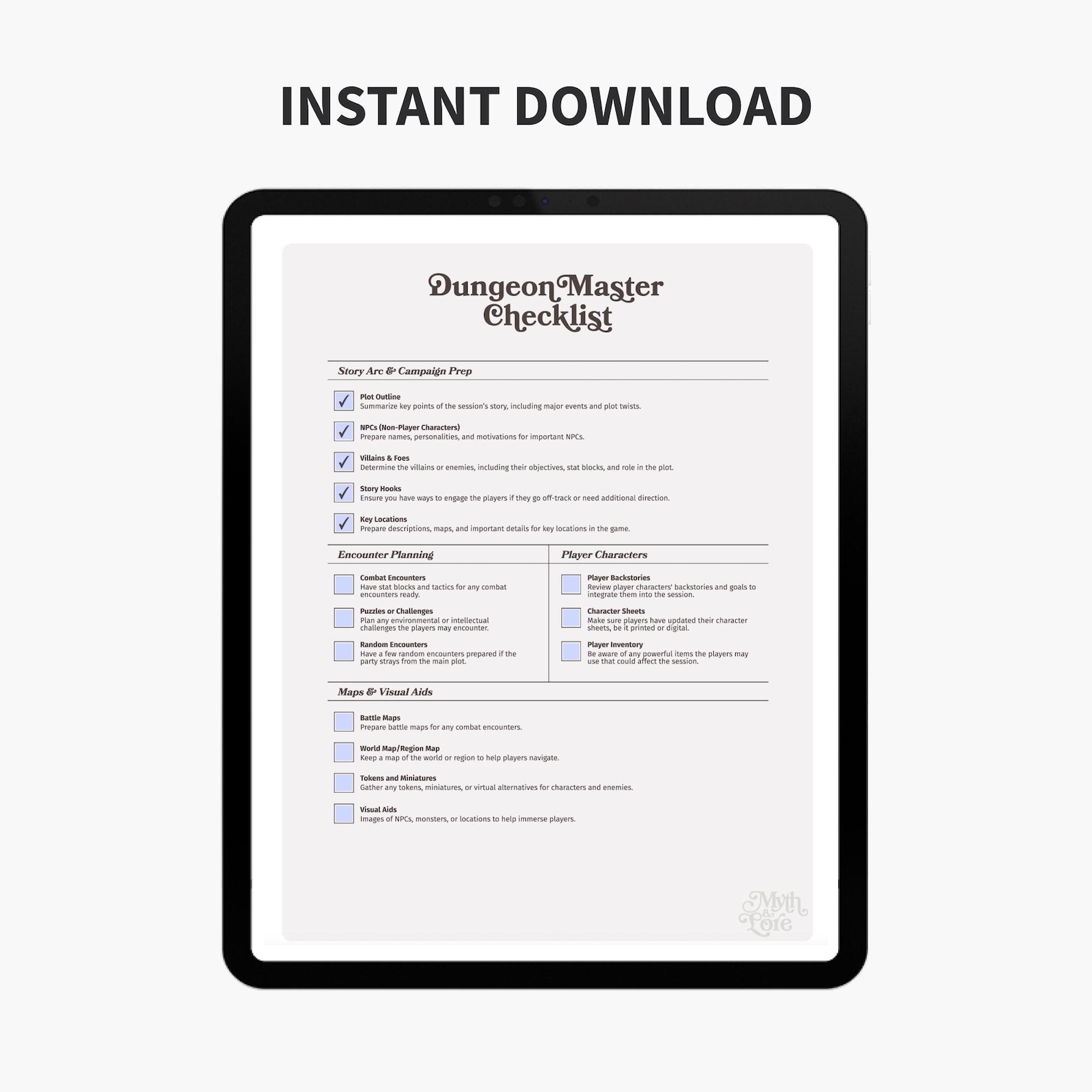 Myth & Lore’s Aesthetic Dungeon Master Checklist - Print and Digital ...