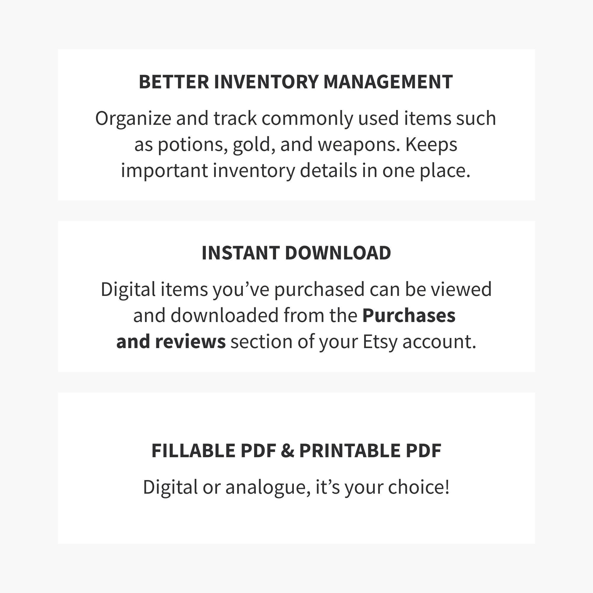Dungeons and Dragons Inventory Tracker: Printable Item Sheet (digital ...