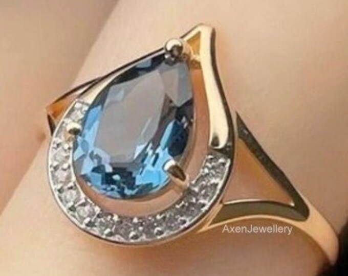 2.5 CT Pear Cut Blue Topaz Engagement Ring, Solid 14K Two Tone Gold ...