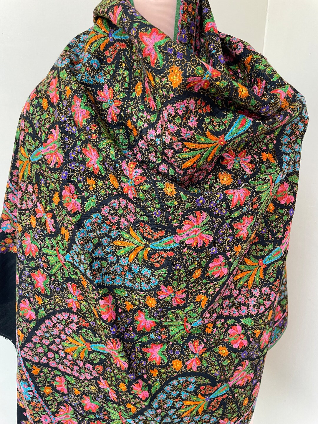 Black Sozni Embroidered Shawl With Elegant Colors| 100% Handmade Pure ...