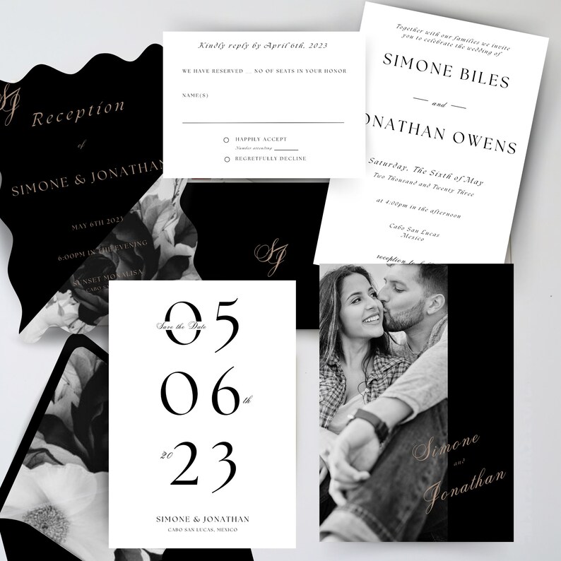 Digital Black White Wedding Picture Invitation Gold Template Elegant Sage Wedding Save the Date ...