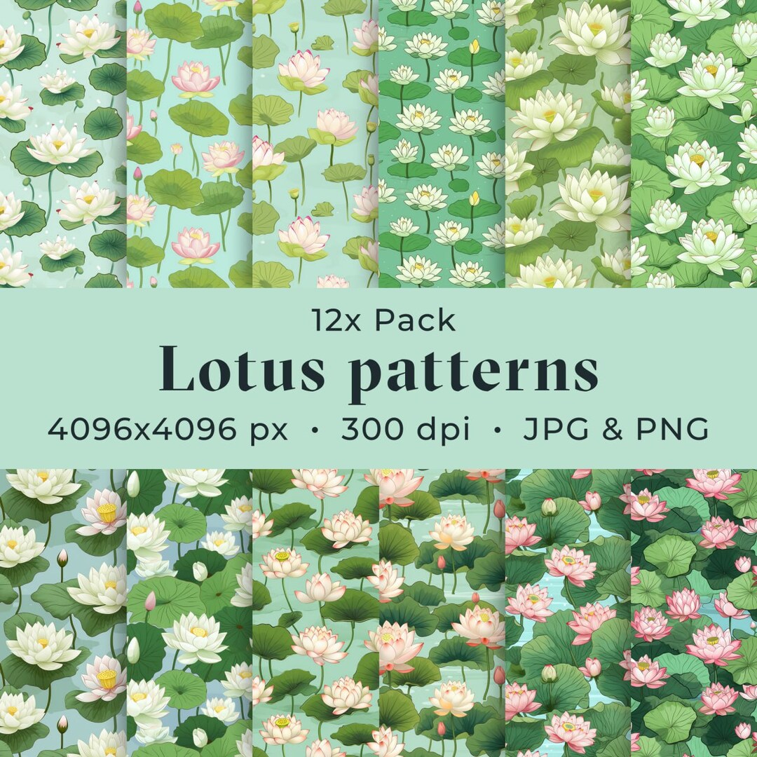 12 Lotus Patterns White Lotus Digital Papers Seamless - Etsy
