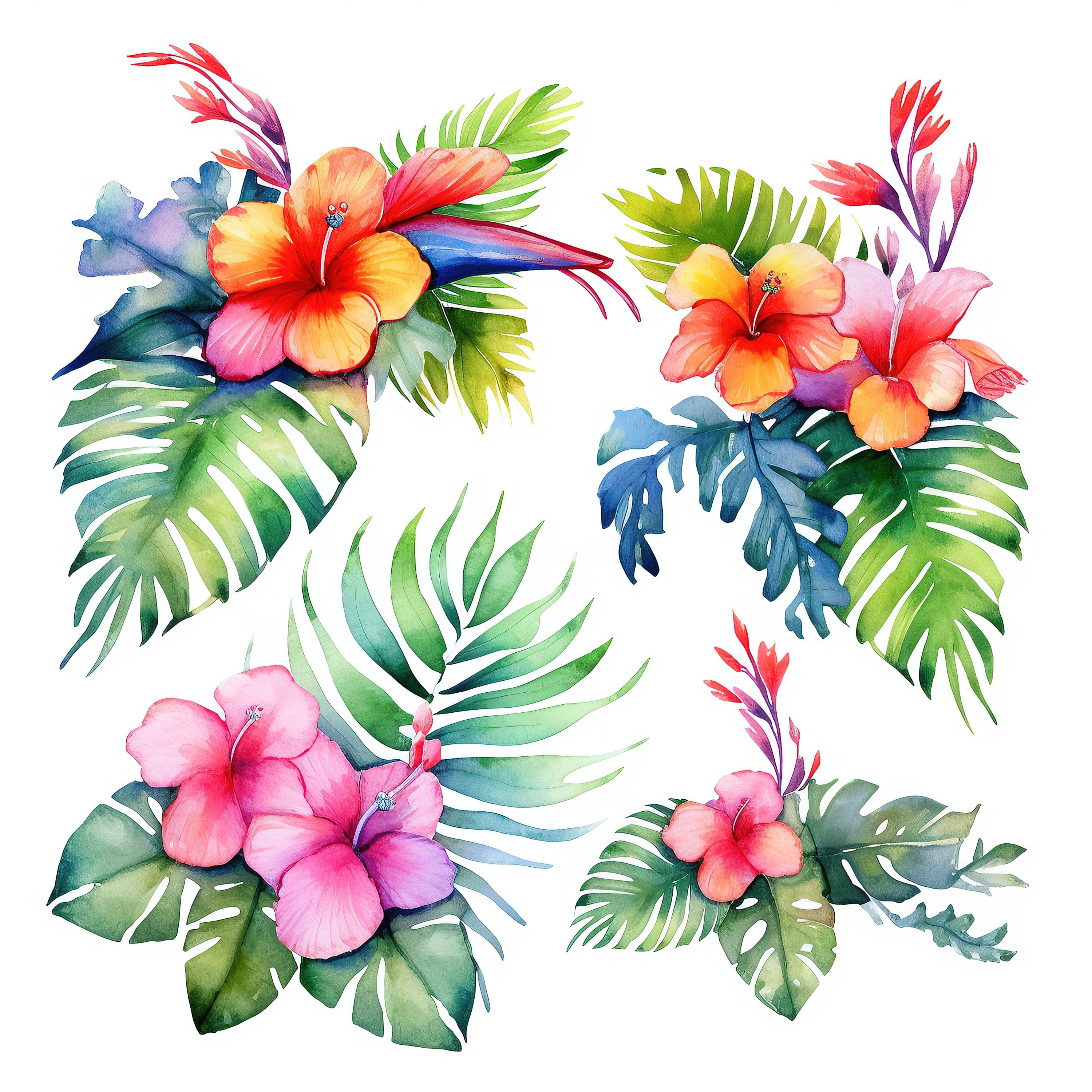 Tropical Watercolor Floral Clipart - Exotic Summer Flowers & Leaves PNG ...