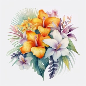 Tropical Watercolor Floral Clipart - Exotic Summer Flowers & Leaves PNG ...