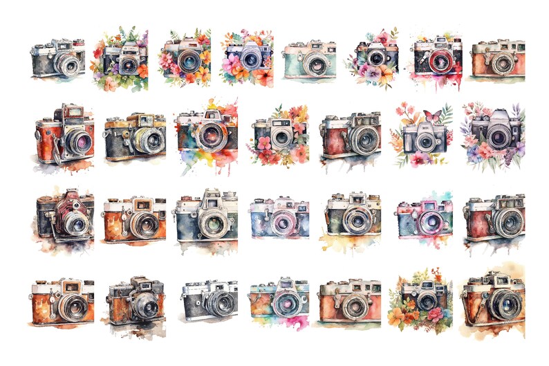 Vintage Camera Watercolor Clipart, 29 Retro Transparent Pngs for ...