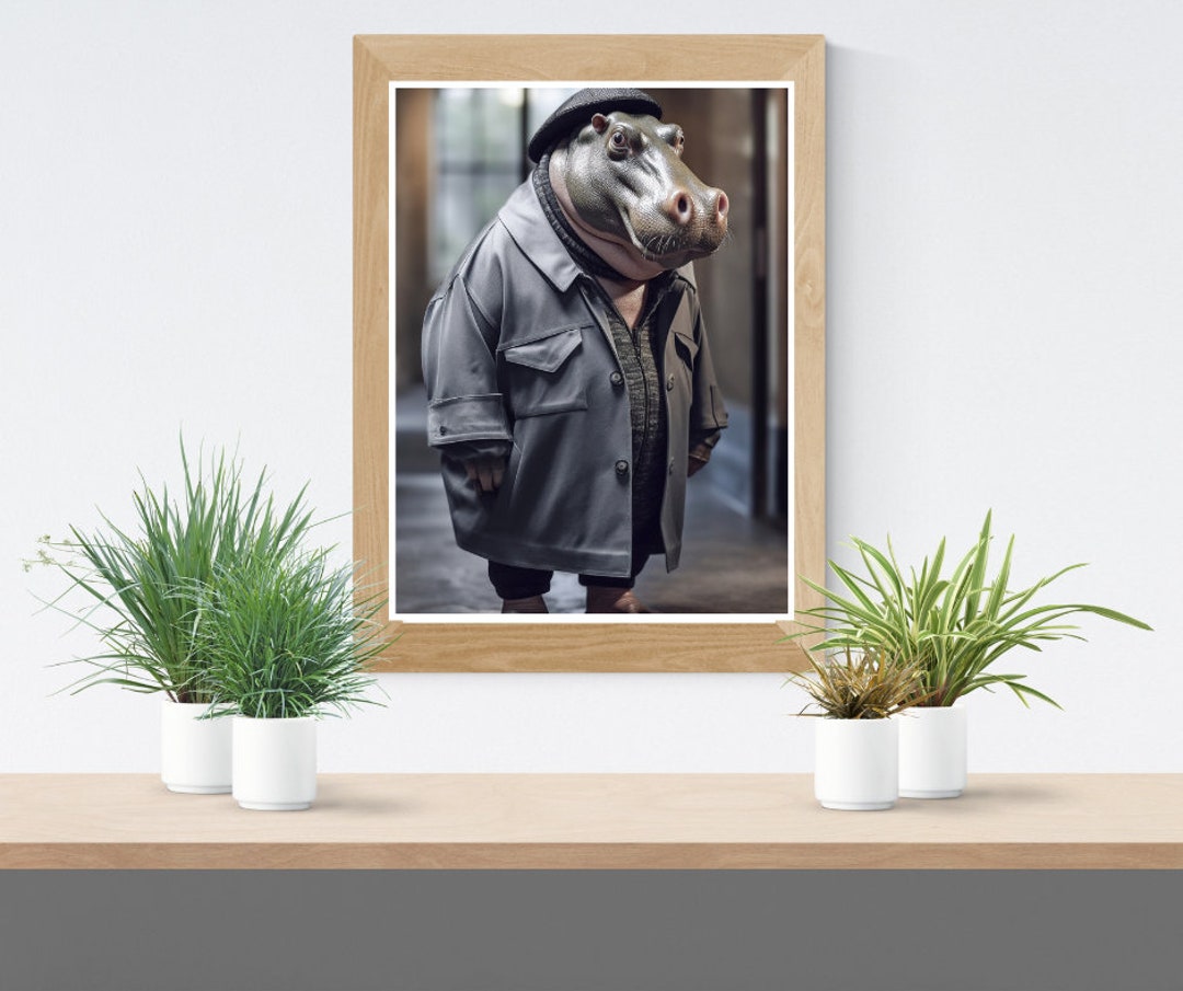 Hippo Dressed as Man Wall Art, Funny Animal Decor, Whimsical ...