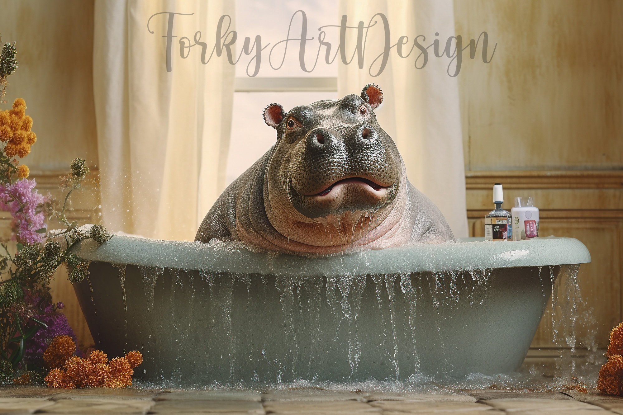 Cute Hippo in a Bathtub, Funny Animal Wall Art, Bathroom Prints, Kids ...