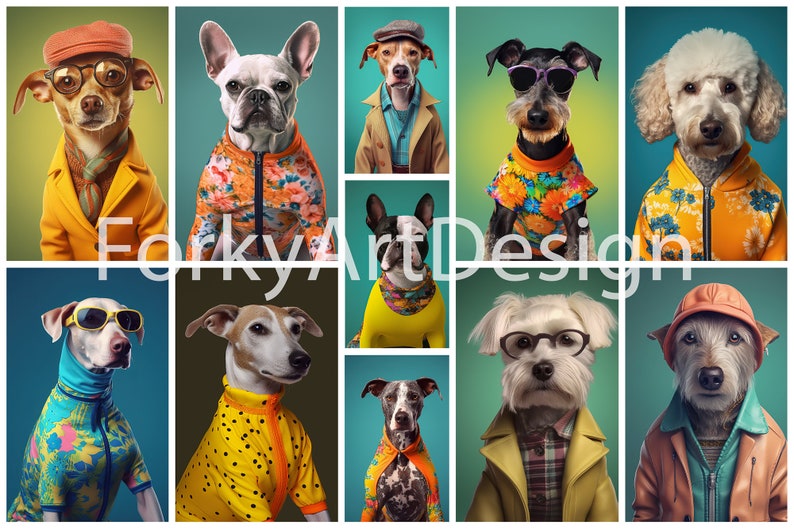 Dog Wearing 60s Vintage Retro Fashion, Funny Dog Clipart Bundle, Dog ...