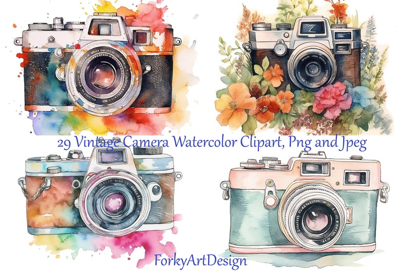 Vintage Camera Watercolor Clipart 29 PNG Cameras Transparent - Etsy