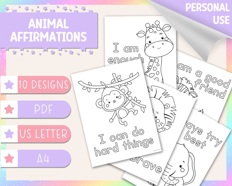 Animal Affirmations Printable Colouring Pages Safari Animals - Etsy
