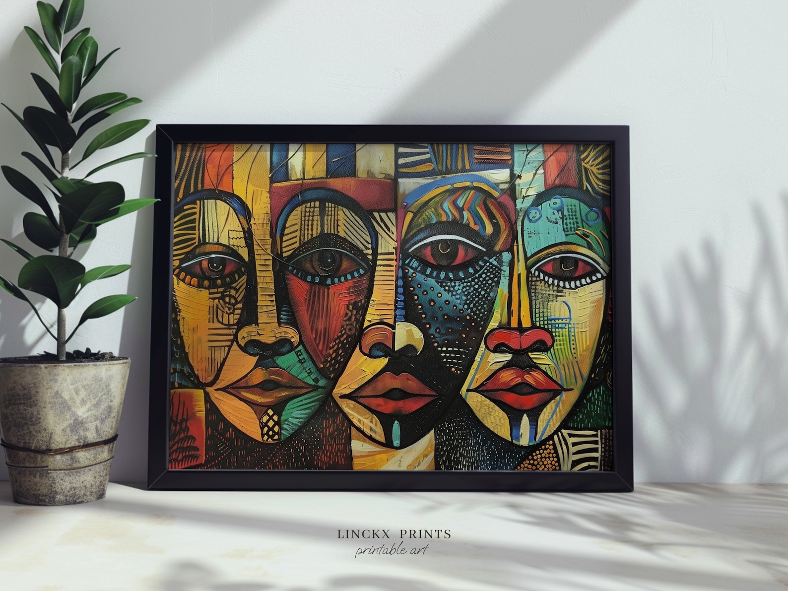 Abstract Art Print, Tribal Masks Collage, African Canvas, Multicolor ...