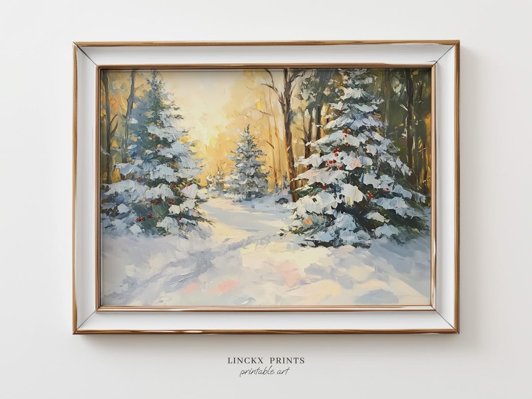 Winter Wall Art, Christmas Printable Painting, Snow-covered Forest With ...