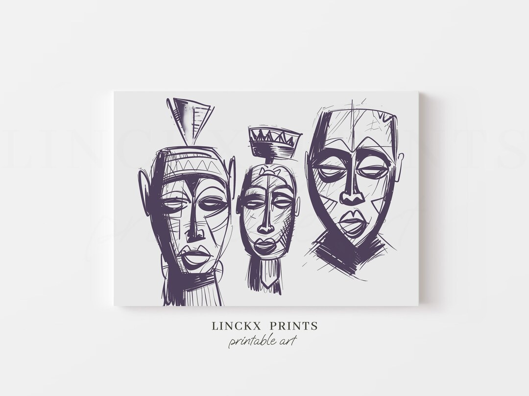 Sketch Art Print, Tribal Masks, Printable Cultural Wall Decor - African ...