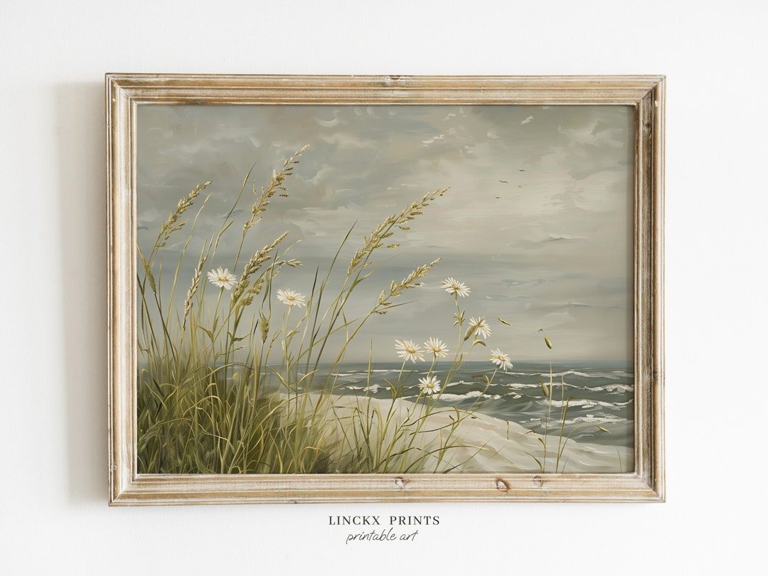 Seascape Painting, Coastal Wall Art, Beach Daisies and Grass, Serene ...