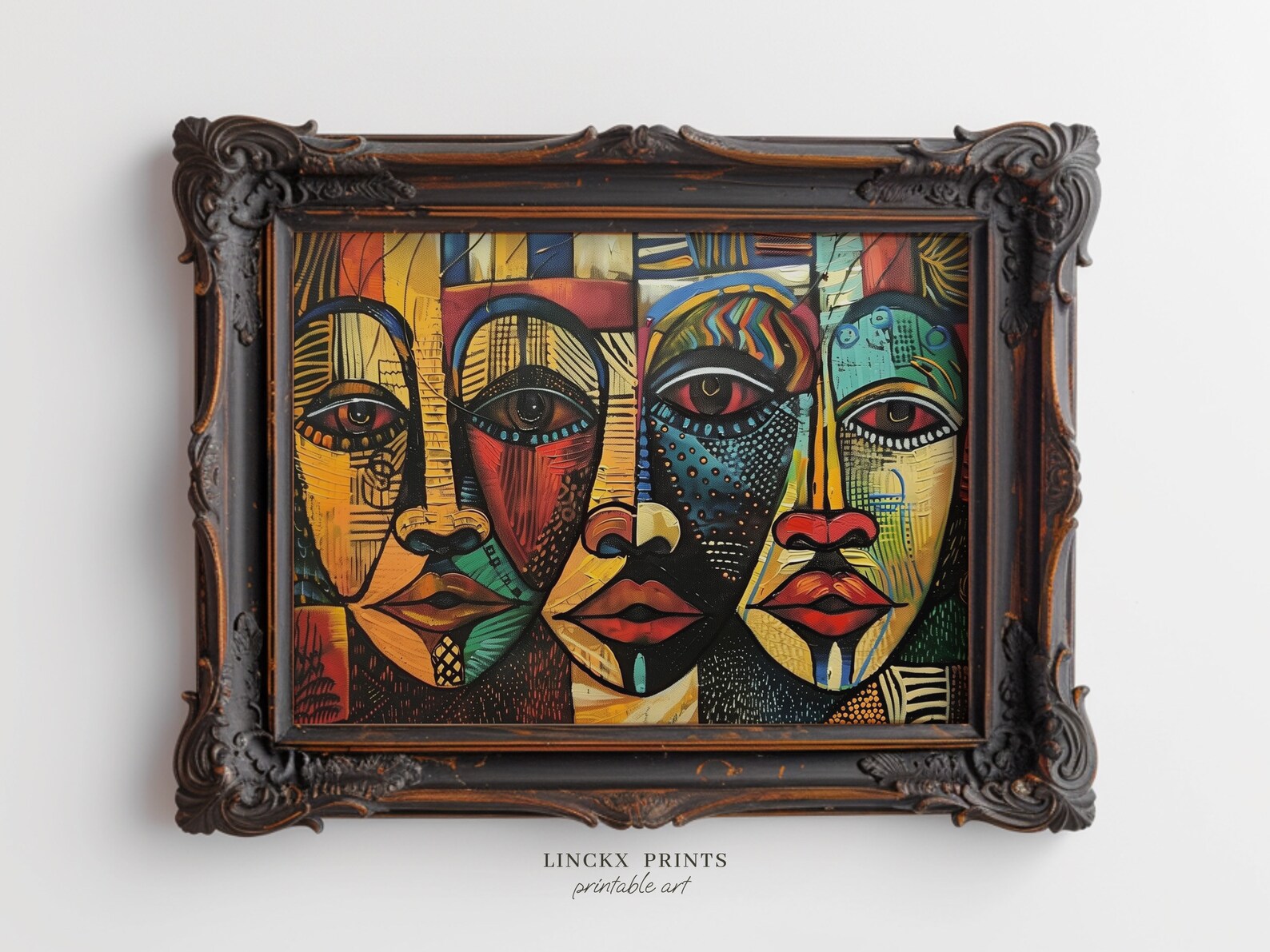 Abstract Art Print, Tribal Masks Collage, African Canvas, Multicolor ...