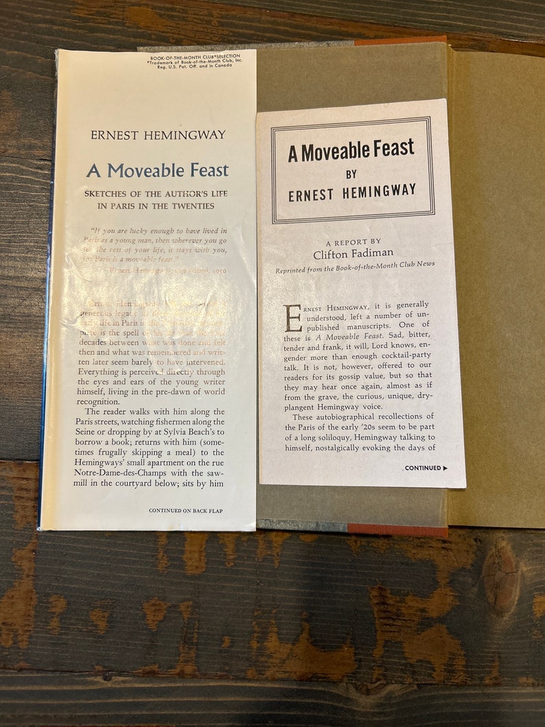 Ernest Hemingway - A Moveable Feast (book Club Edition) - Etsy