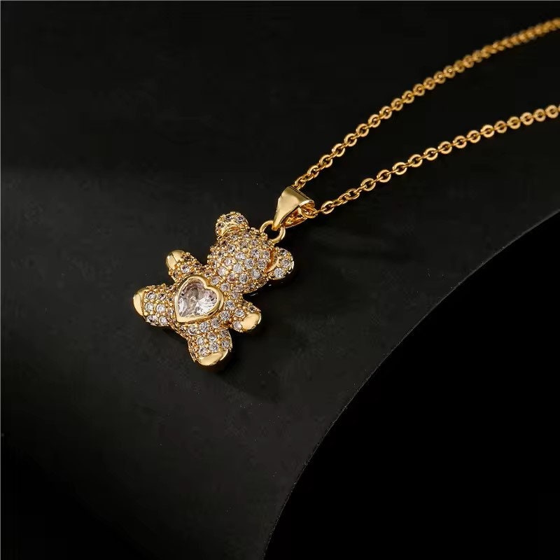 18k Gold Plated Teddy Bear Pendant Necklace With CZ Zircon Bling - Etsy